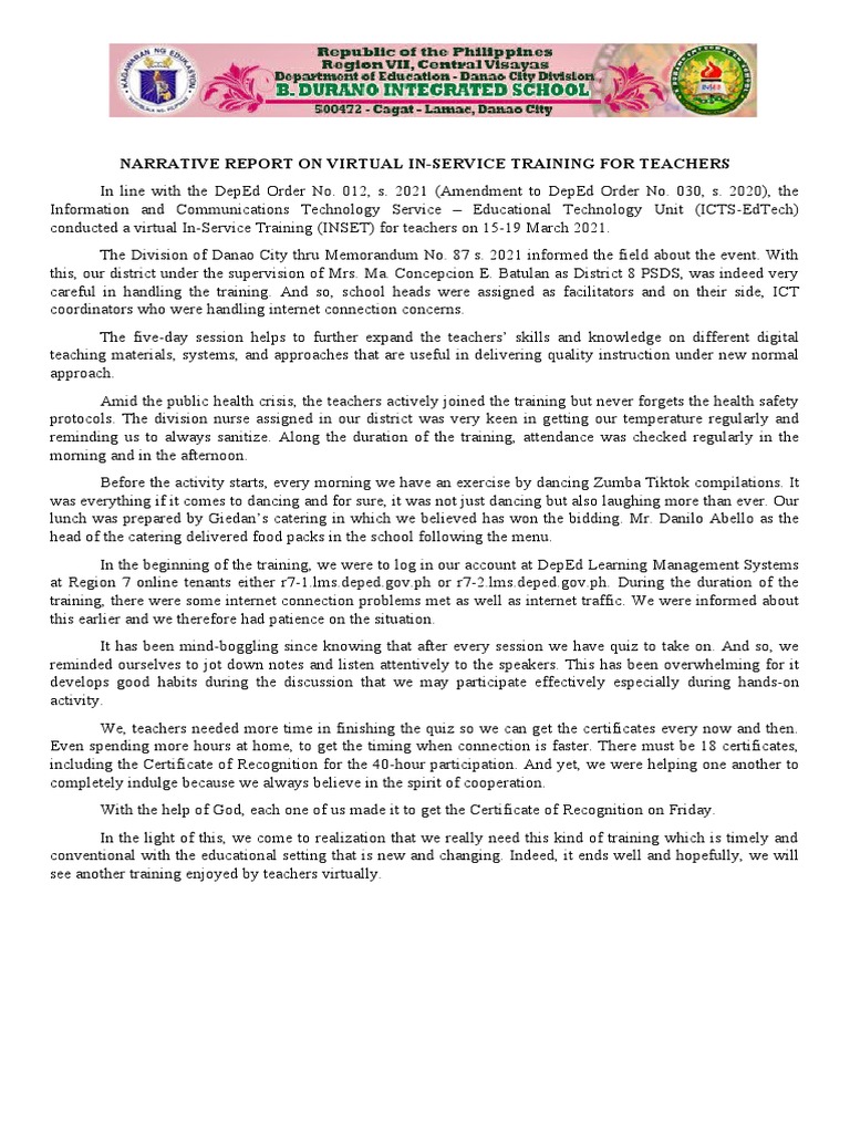 Narrative Report On Virtual Inset | PDF | Educational Technology ...