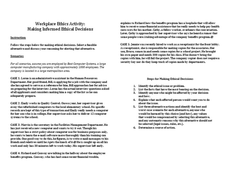 Workplace Ethics Activity: Making Informed Ethical Decisions | PDF ...