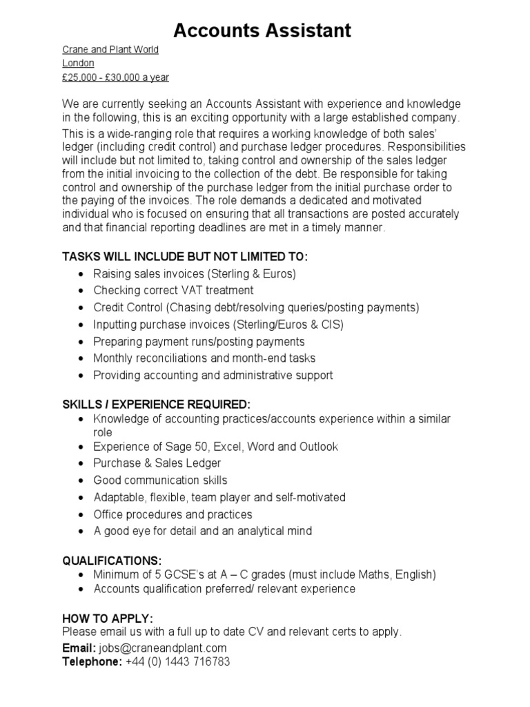 Accounts Assistant: Tasks Will Include But Not Limited To | PDF ...