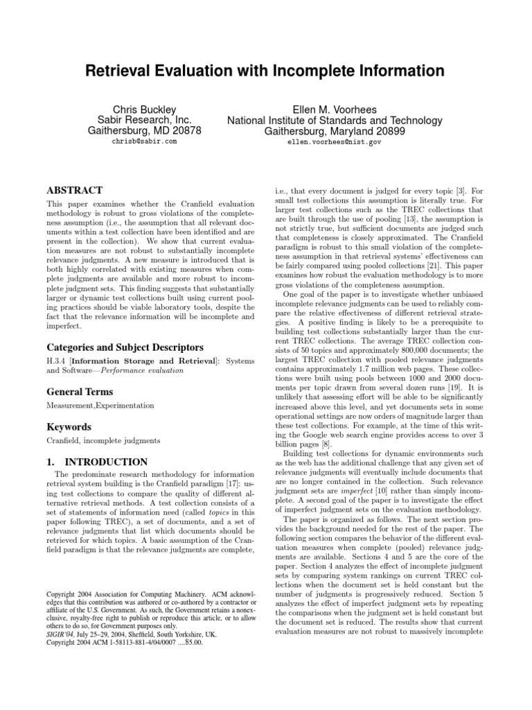 Buckley, Voorhees - 2004 - Retrieval Evaluation With Incomplete ...