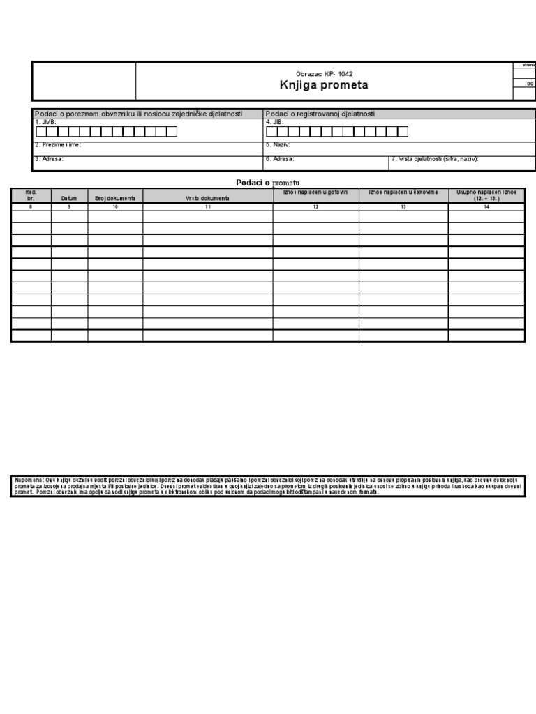 DFPU Obrazac KP 1042 Knjiga - Prometa B | PDF