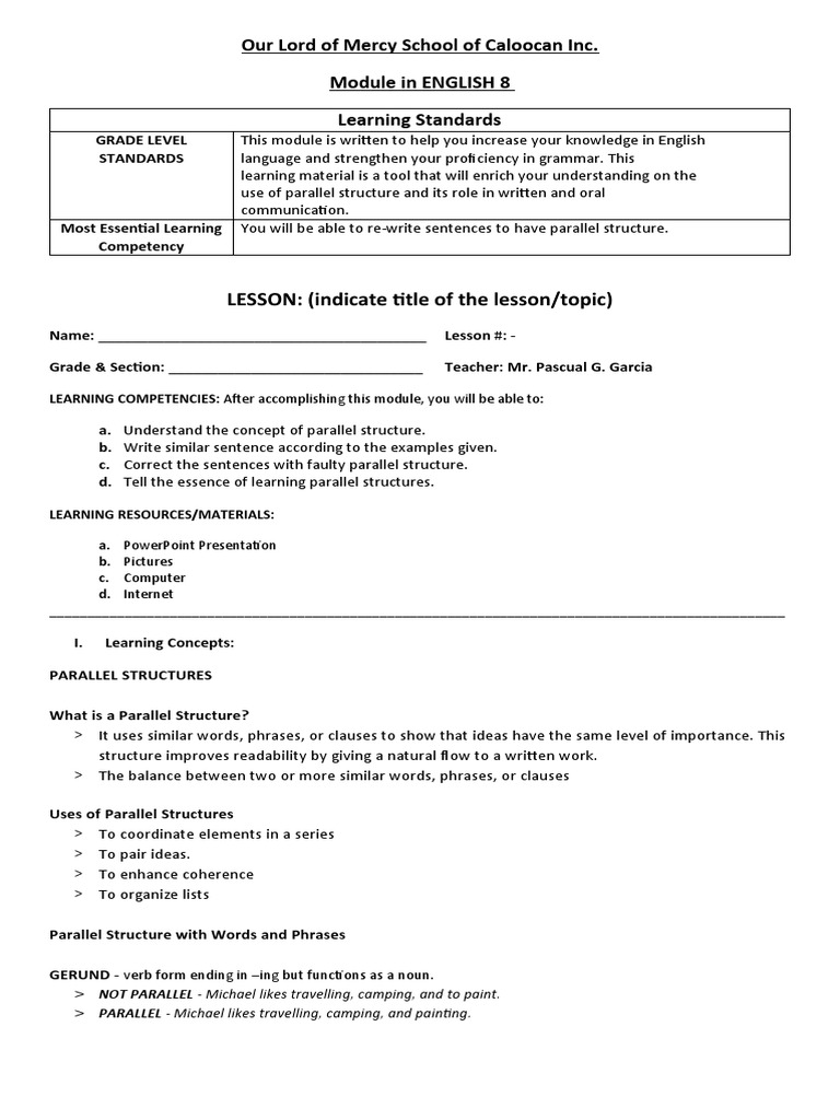 Module - Grade 8 English - Parallel Structures | PDF | Adverb | Verb
