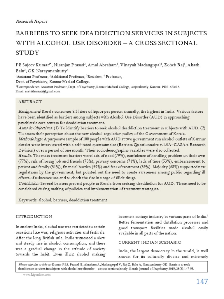 Barriers To Seek Deaddiction Services in Subjects With Alcohol Use ...