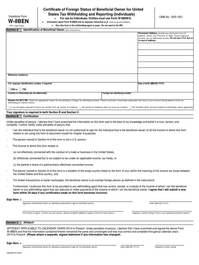 Form W-8BEN Rev 920 | PDF | Irs Tax Forms | Taxes