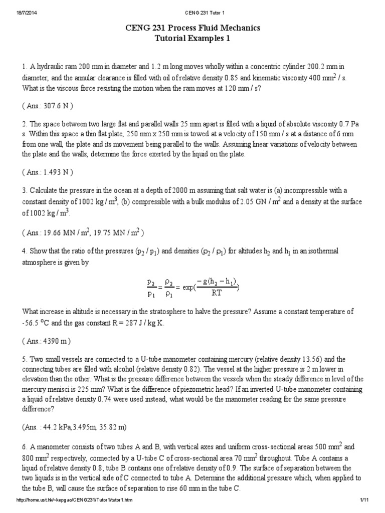 CENG 231 Process Fluid Mechanics Tutorial Examples 1 | PDF | Pressure ...