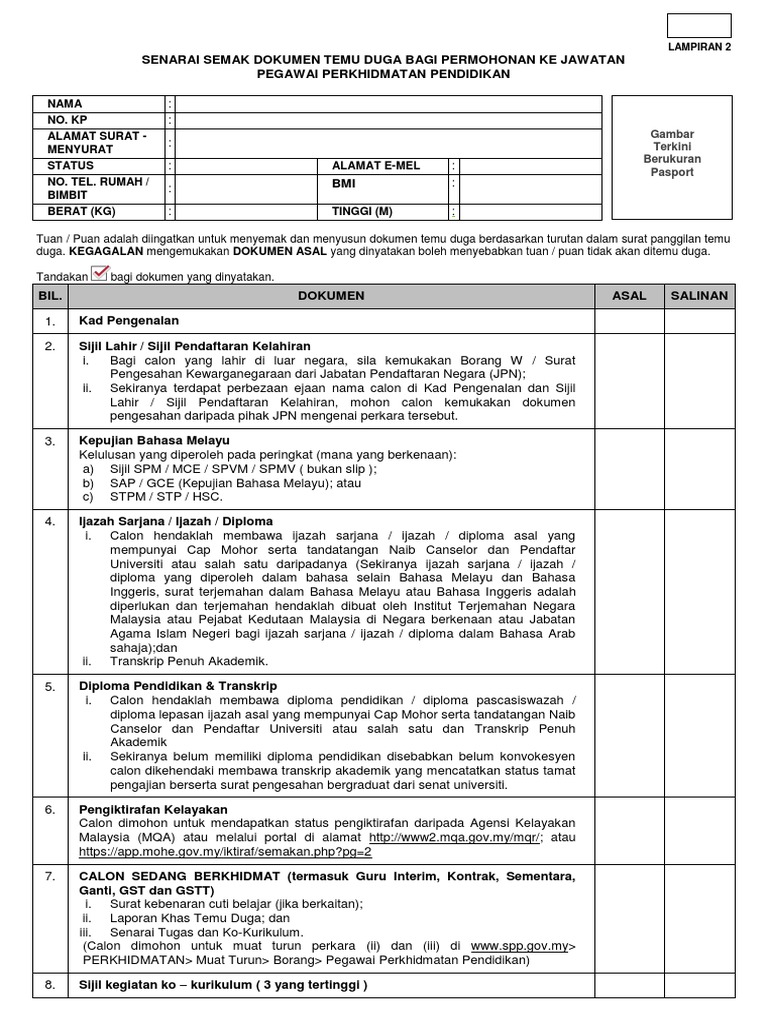 Senarai Semak Dokumen Temu Duga | PDF