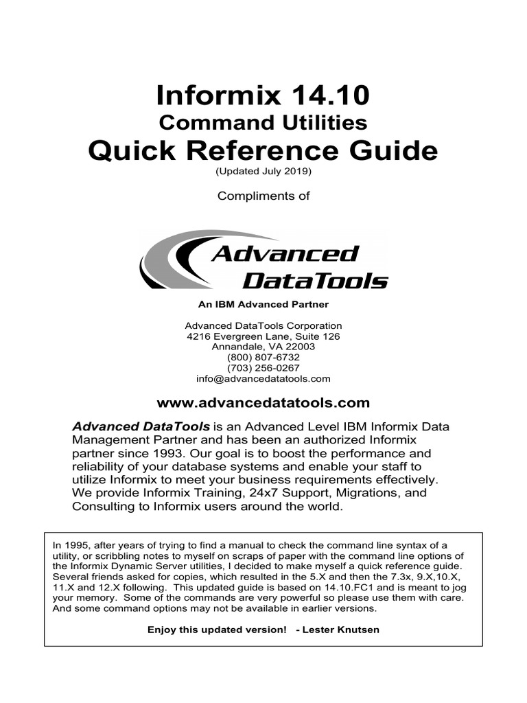 Informix 14.10 Quick Reference Guide: Command Utilities | PDF | Database Index | Cache (Computing)