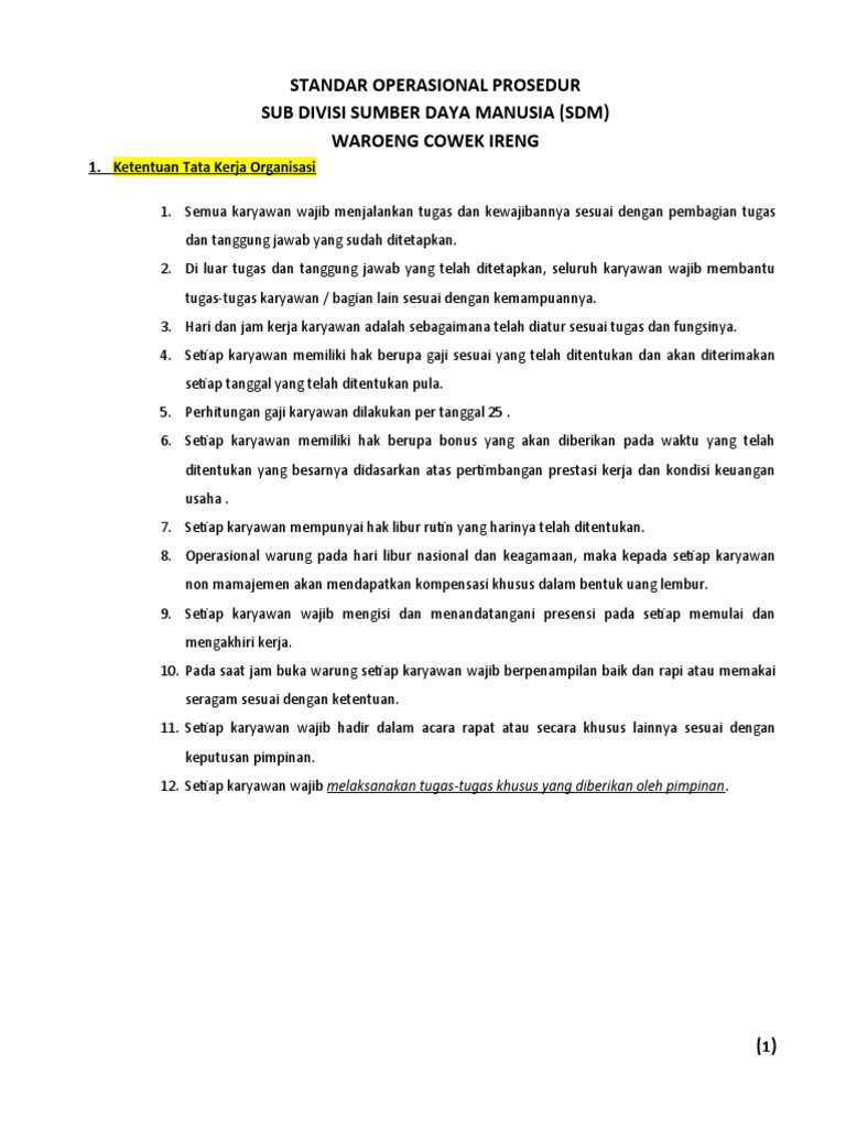 SOP SDM Waroeng Cowek Ireng | PDF
