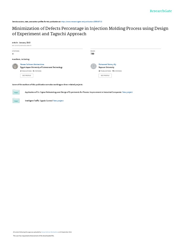 Minimization Of Defects Percentage In Injection Molding Process Using Design Of Experiment And