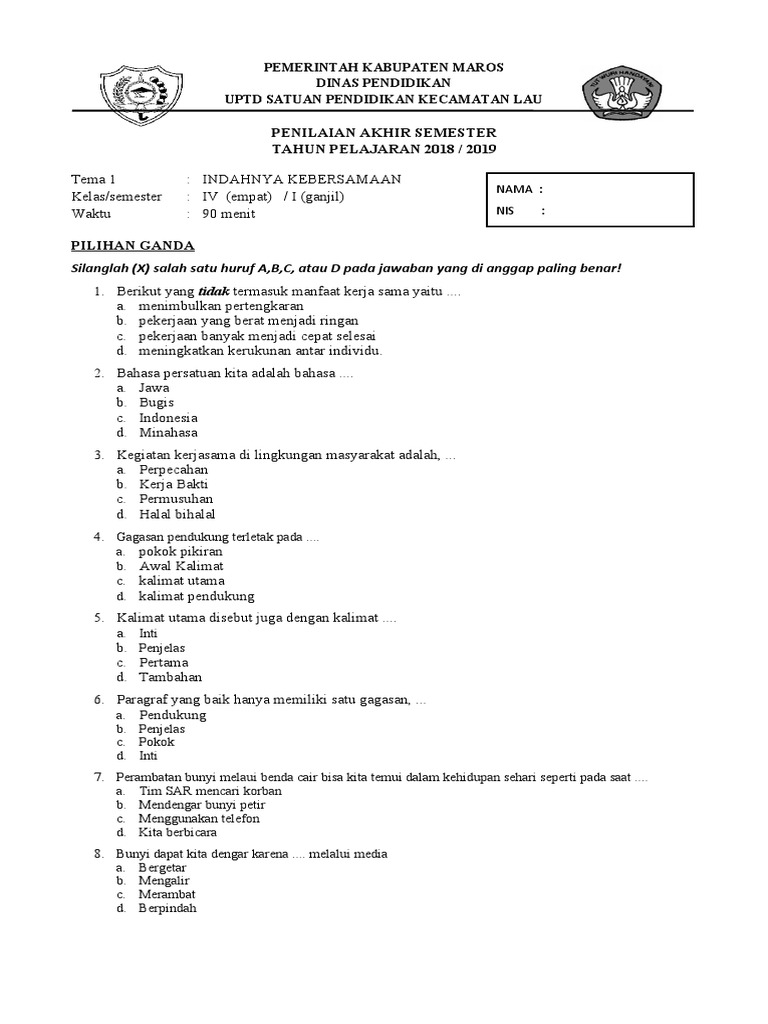 Kls4 Soal Pas Tema 1 | PDF