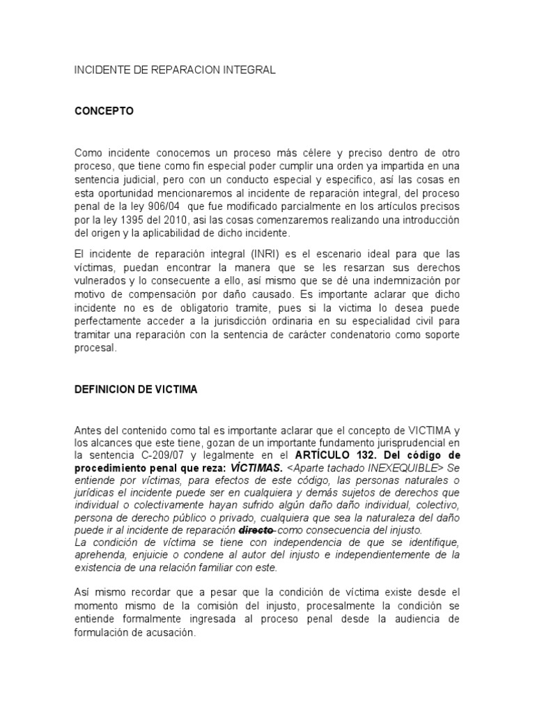 Incidente De Reparación Integral En Penal Pdf Procedimiento