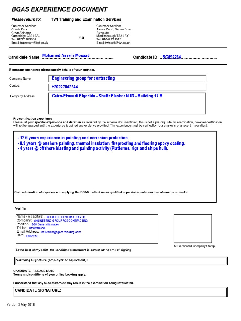 BGAS Experience Verification Form | PDF | Business