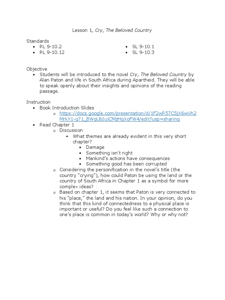 Sample Lesson Plan Cry The Beloved Country | PDF