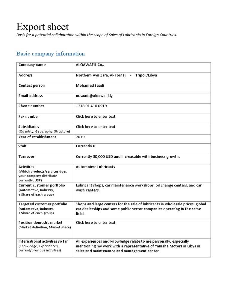 Export Sheet: Basic Company Information | PDF | Customs | Exports