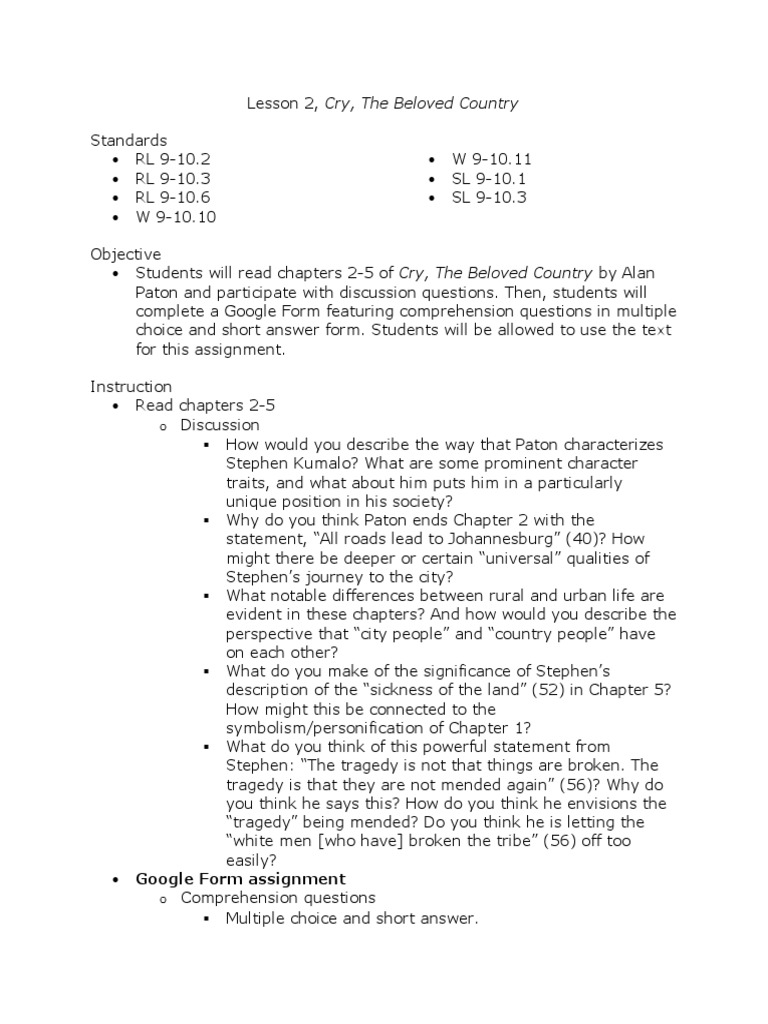 Sample Lesson Plan Cry The Beloved Coutnry 2 | PDF