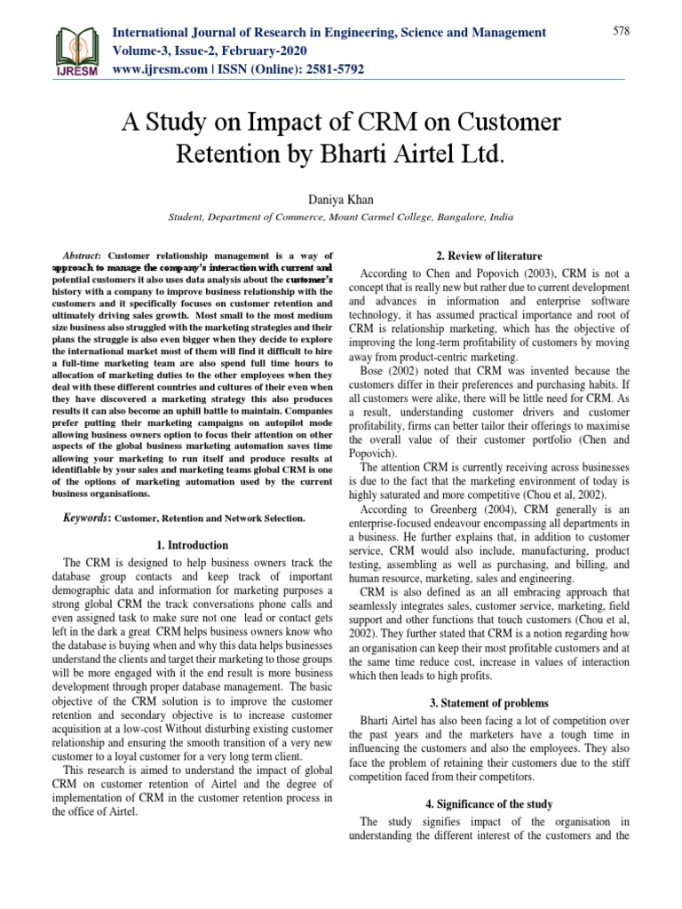 A Study On Impact of CRM On Customer Retention by Bharti Airtel LTD ...