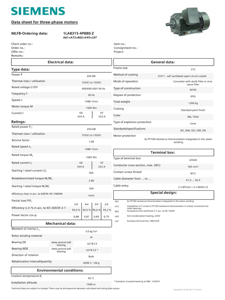 Data Sheet For Three-Phase Motors: 1LA8315-4PB80-Z MLFB-Ordering Data ...