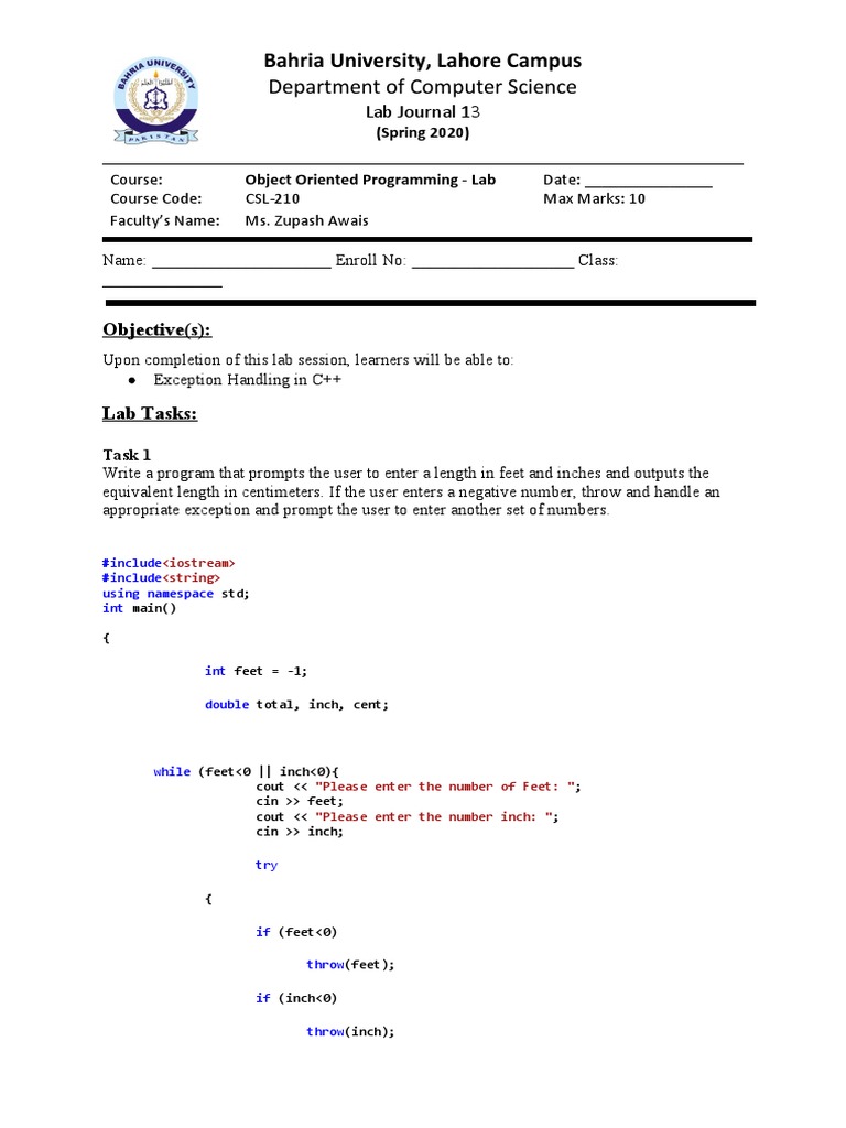 Department of Computer Science: Bahria University, Lahore Campus | PDF | Object Oriented ...