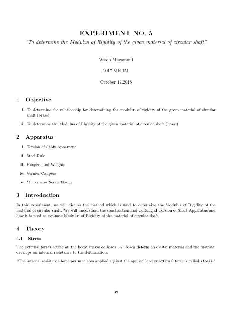 Experiment No. 5: "To Determine The Modulus of Rigidity of The Given ...