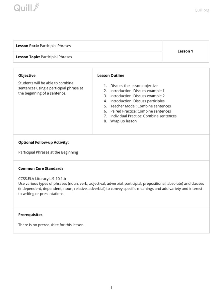 Participial Phrases Lesson Plan | PDF | Syntax | Grammar