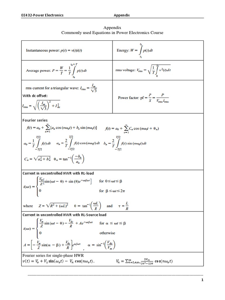 Appendix Commonly Used Equations in Power Electronics Course | PDF ...