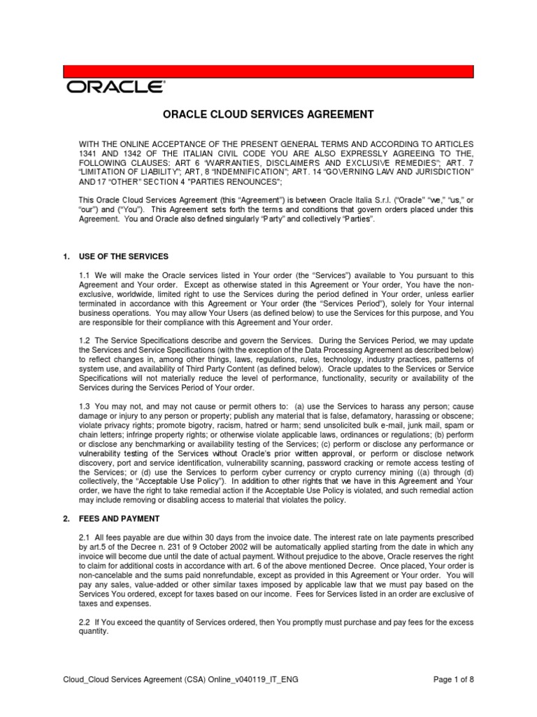 Oracle Cloud Services Agreement: 1. Use of The Services | PDF | Breach ...