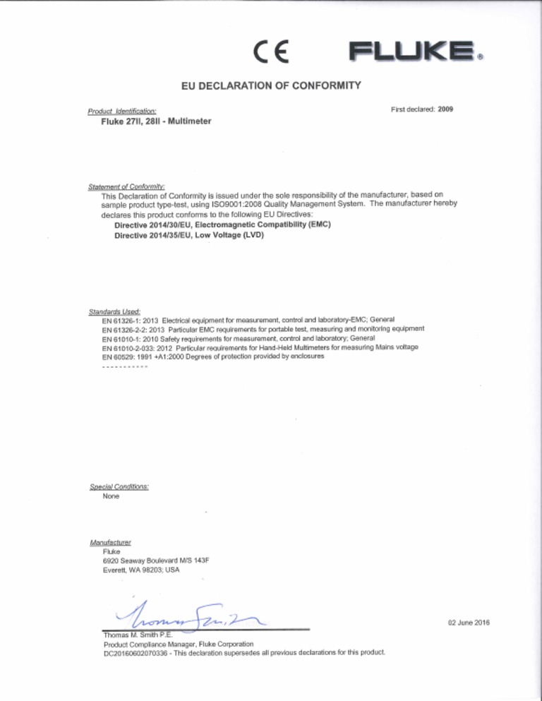 Fluke 27ii-28ii Multimeter Declaration Conformity | PDF