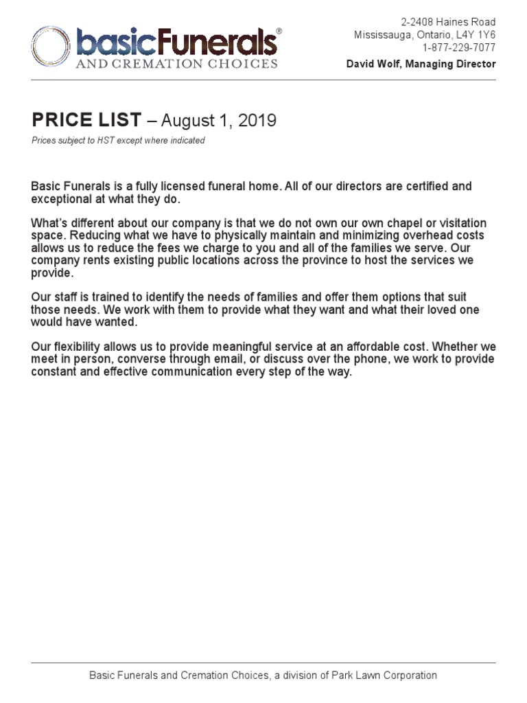Basic Funerals Price-List | PDF | Cremation | Funeral