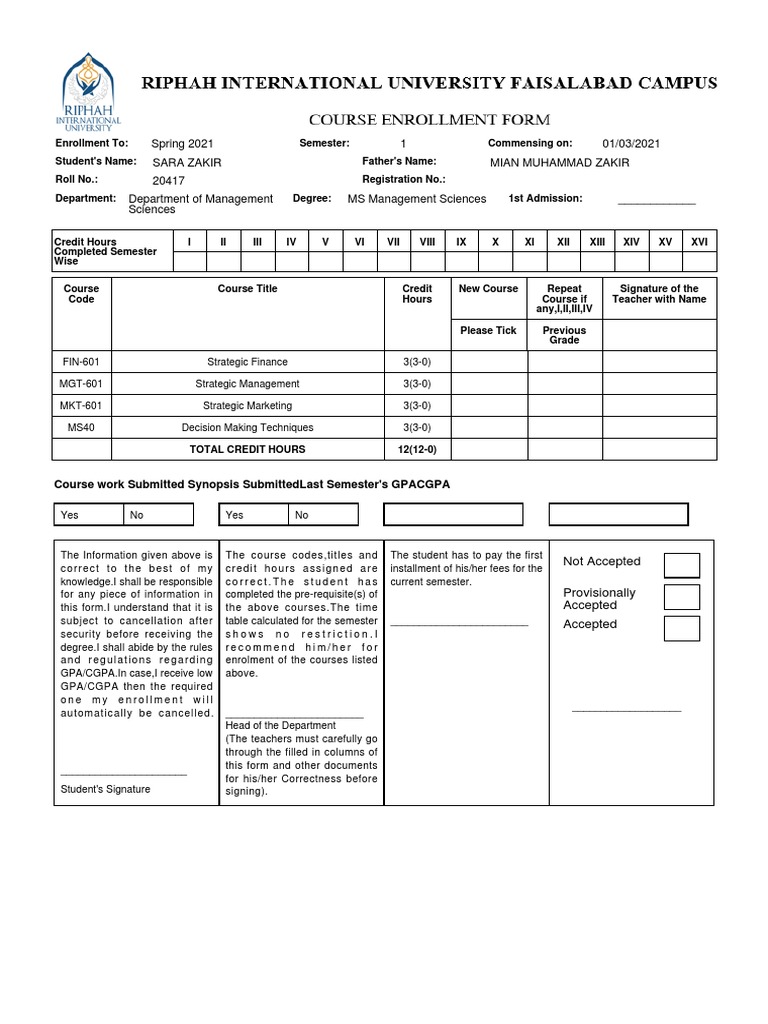 Course Enrolment Form | PDF | Course Credit
