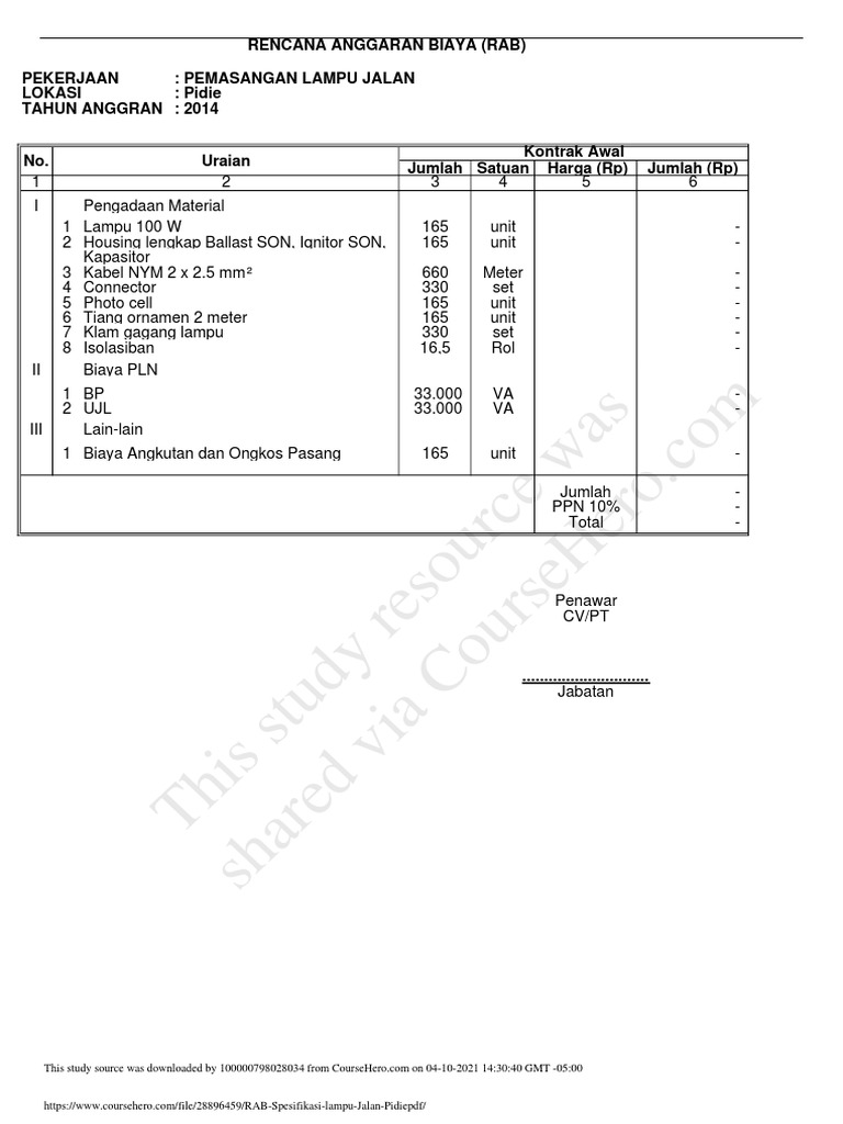 RAB Spesifikasi Lampu | PDF