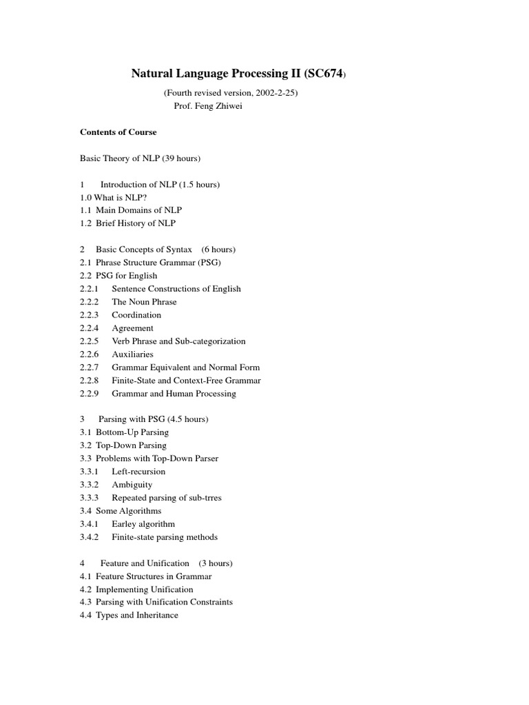 Natural Language Processing II (SC674: Contents of Course | PDF | Parsing | Phrase