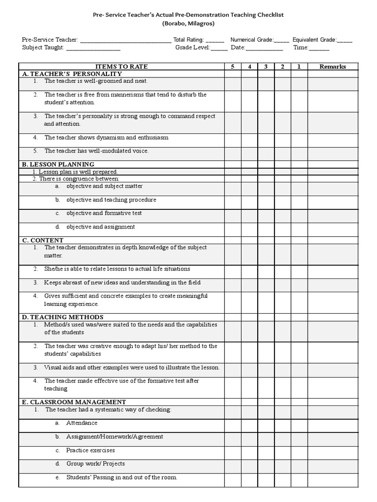 Modified Rating Sheet For Pre-Demonsration Teaching (Pre-Recorded Video ...