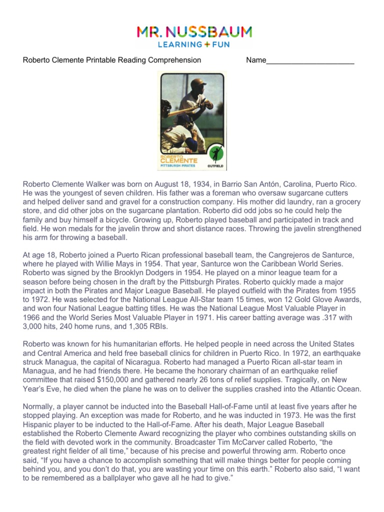 Roberto Clemente Printable Reading Comprehension Name | PDF | Team ...