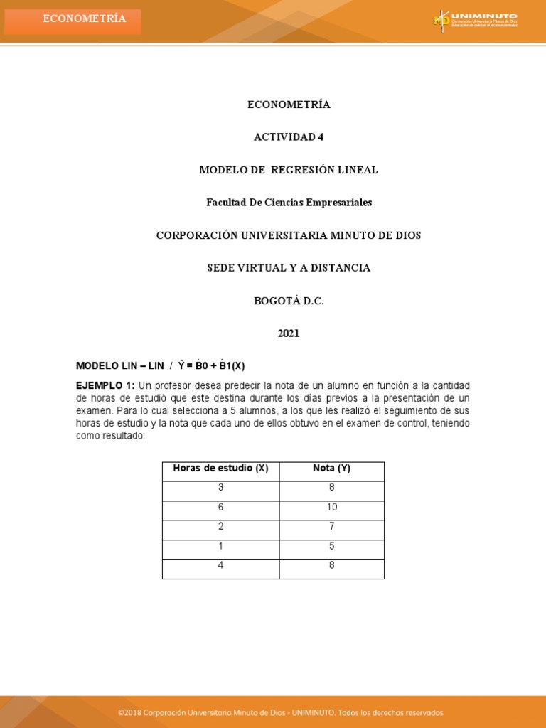 Actividad de Modelo de Regresión Lineal | PDF | Econometría | Regresión lineal