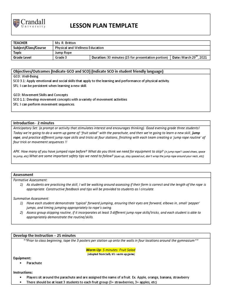 Jump Rope Skill and Stations - Phys Ed Lesson Plan | PDF | Lesson Plan ...