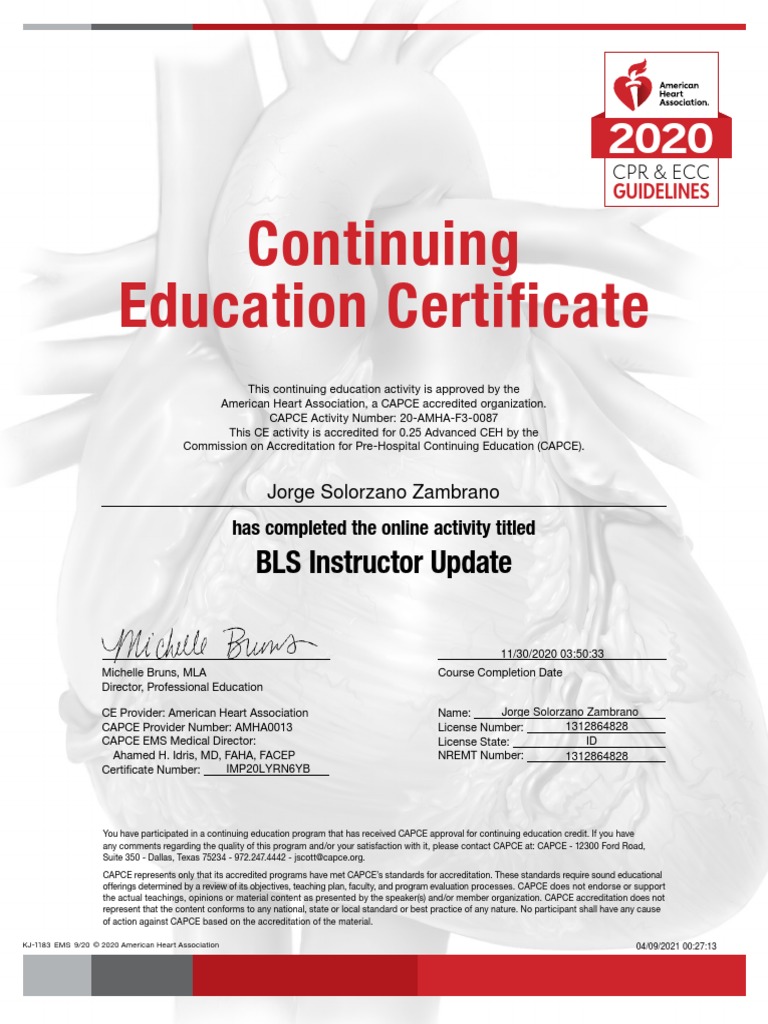 Continuing Education Certificate: BLS Instructor Update | PDF | Health ...
