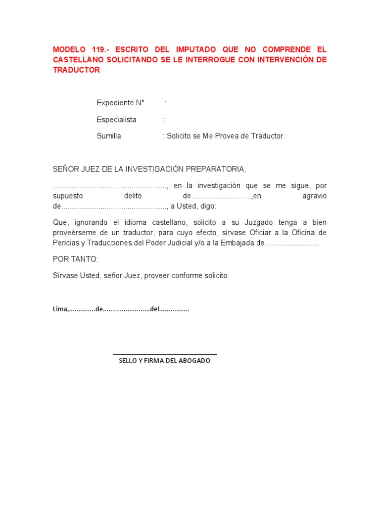 Modelo 119. - Escrito Del Imputado Que No Comprende El Castellano ...