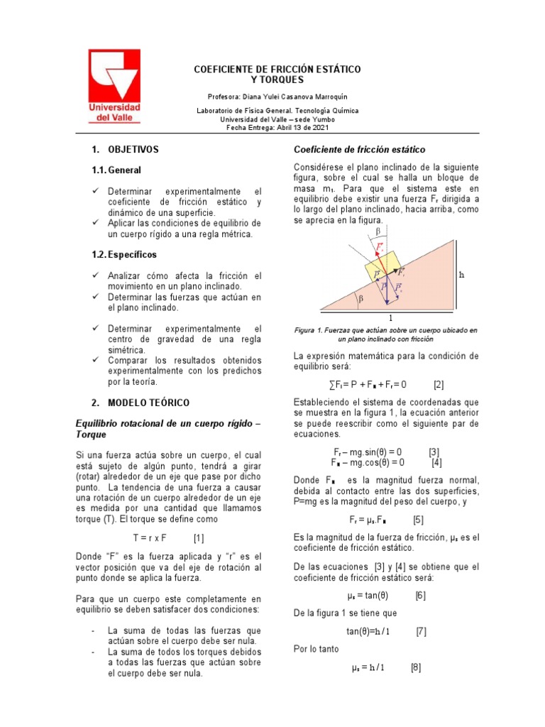 Guía Coeficiente de Fricción Estático y Torques | PDF | Fricción | Fuerza