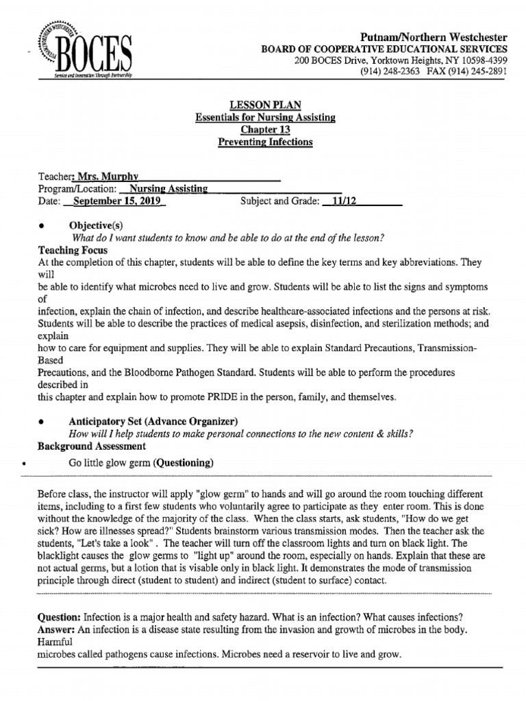Infection Control Chapter 13 Lesson Plan | PDF