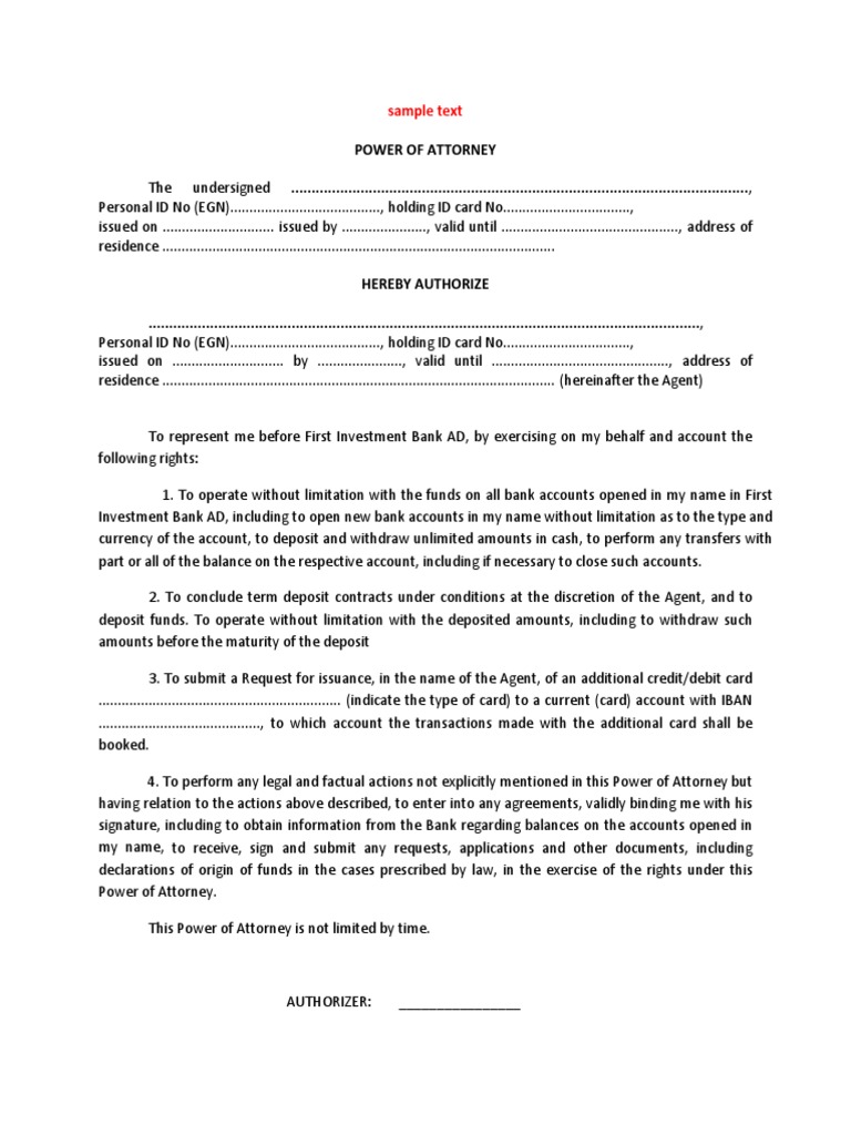 Granting Full Banking Authority: A Sample Power of Attorney Document ...