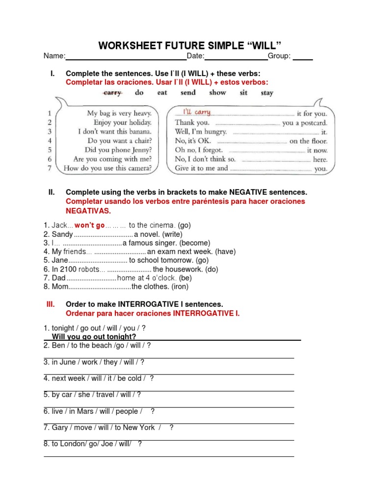 Worksheet Future Simple "Will": Completar Las Oraciones. Usar I'll (I ...