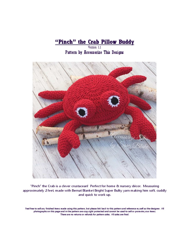 "Pinch" The Crab Pillow Buddy: Pattern by Accessorize This Designs ...