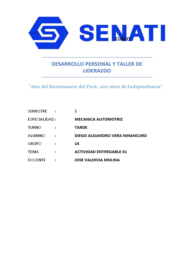Actividad Entregable 01 Desarrollo Personal y Taller de Liderazgo SENATI | PDF