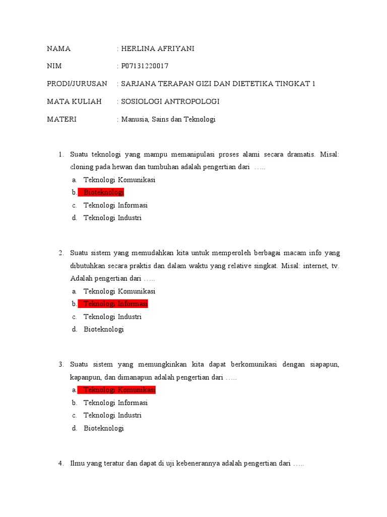 Herlina Afriyani - Soal Pilgan 'Manusia, Sains Dan Teknologi' | PDF | Komputer