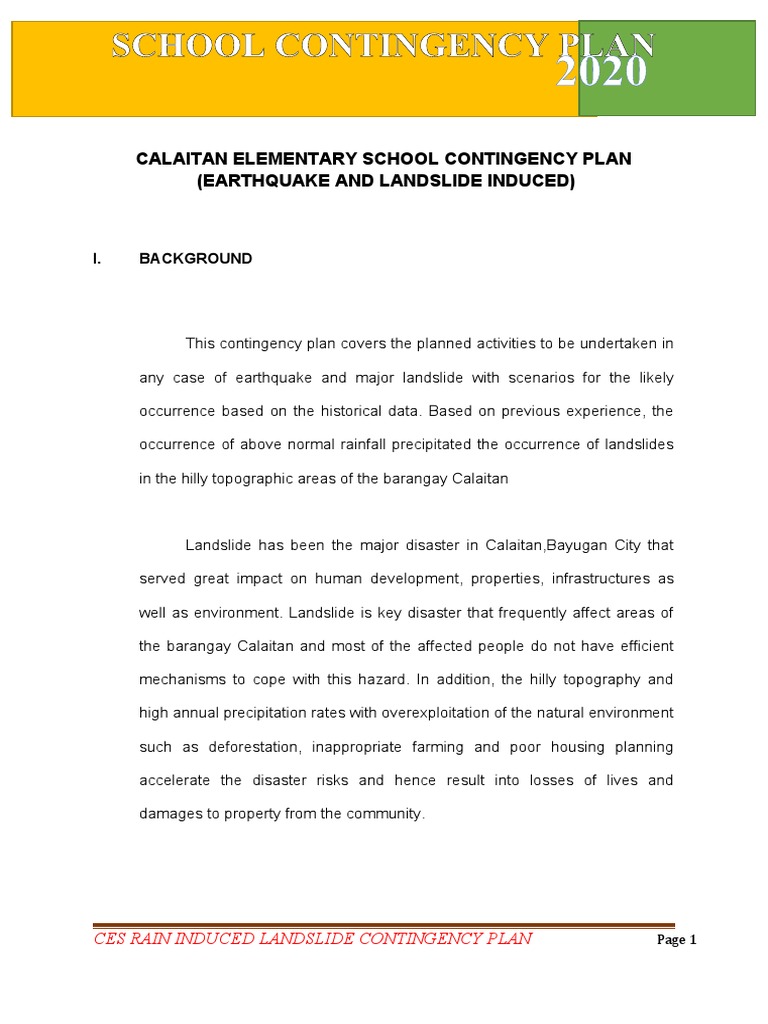 Calaitan Elementary School Contingency Plan (Earthquake and Landslide Induced) | PDF | Rain ...