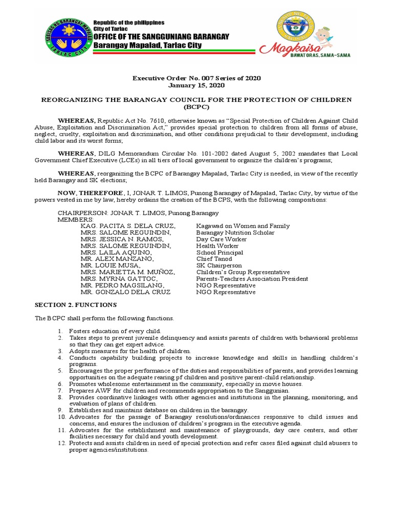 Executive Order No. 007 Reorganizing BCPC | PDF | Human Life Stages ...