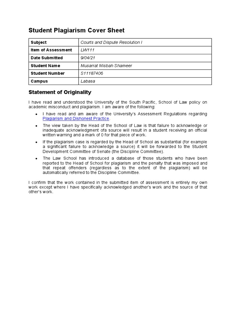 Student Plagiarism Cover Sheet: Statement of Originality | PDF