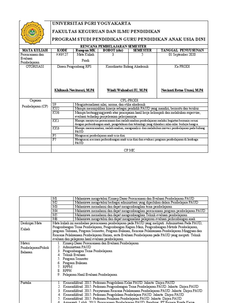 RPS Perencanaan Dan Evaluasi Pembelajaran | PDF | Karier & Perkembangan | Seni