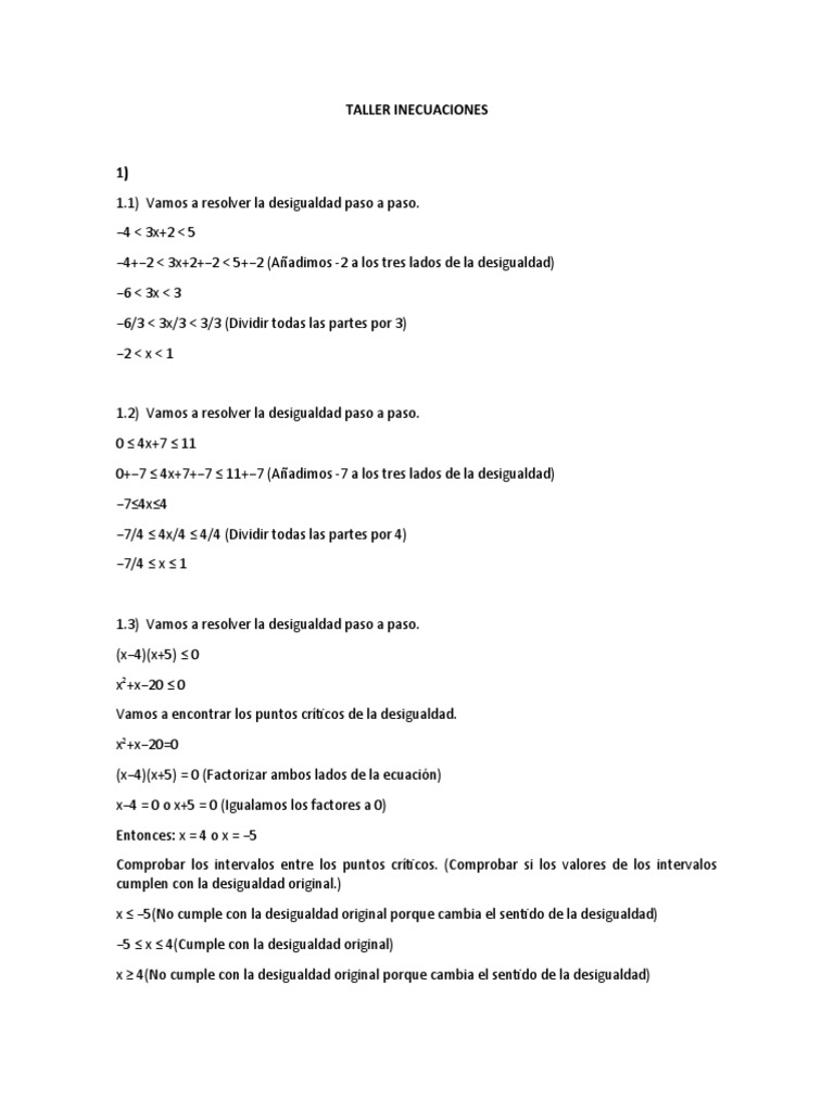 Taller Inecuaciones | PDF | Desigualdad (Matemáticas) | Números