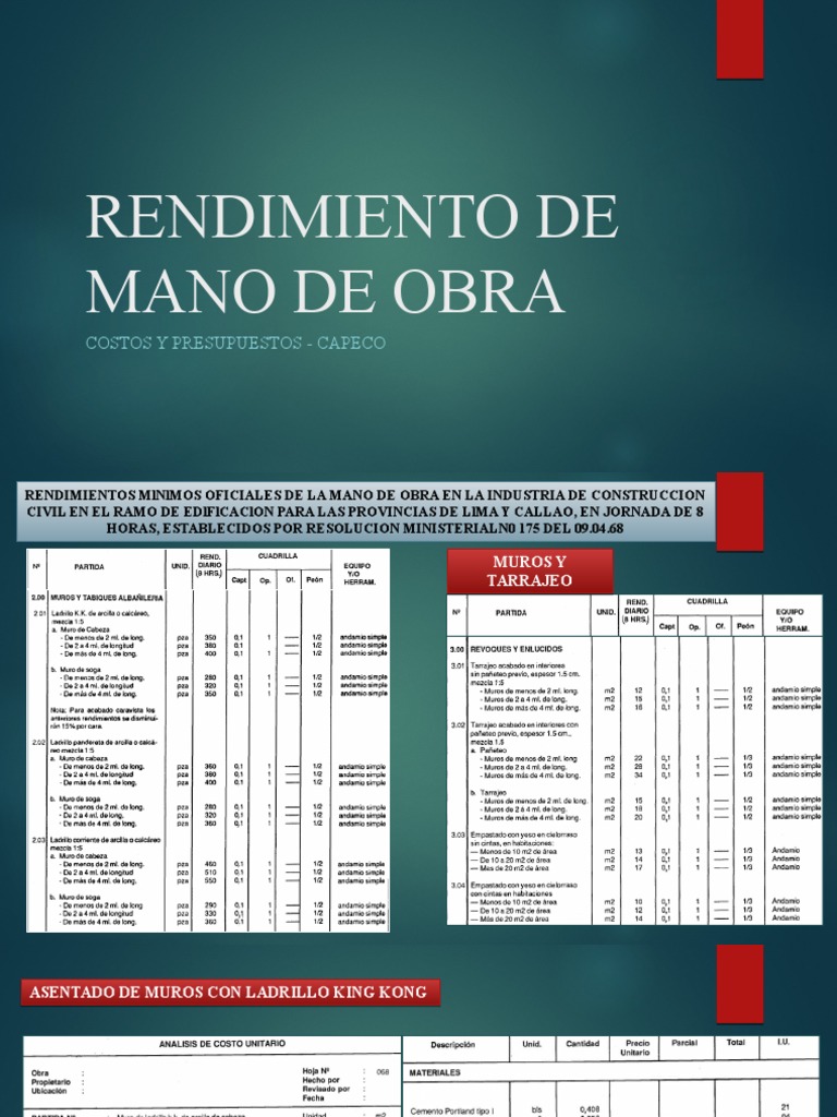 Rendimiento de Mano de Obra | PDF